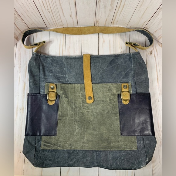 Mona B | Bags | Mona B Purse Tote Bag Upcycled Navy Gray Canvas Leather ...